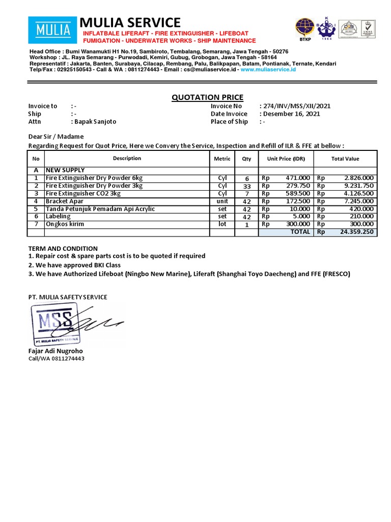 Fire Extinguisher Quotation Invoice | PDF | Equipment