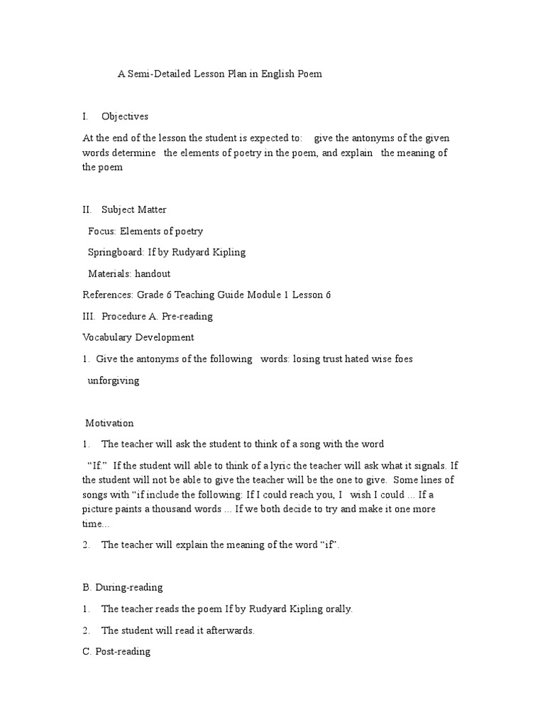 Semi Detailed Lesson Plan in Poem | PDF | Reading Comprehension ...