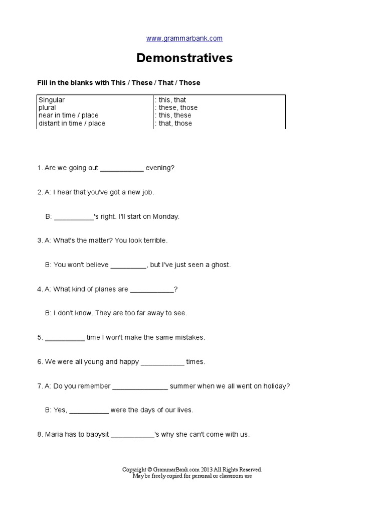 Demonstratives Worksheet | PDF