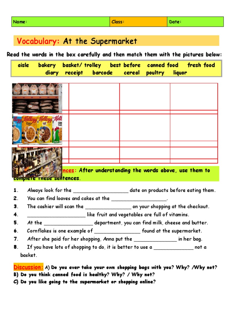 Vocabulary at The Supermarket Information Gap Activities Picture ...