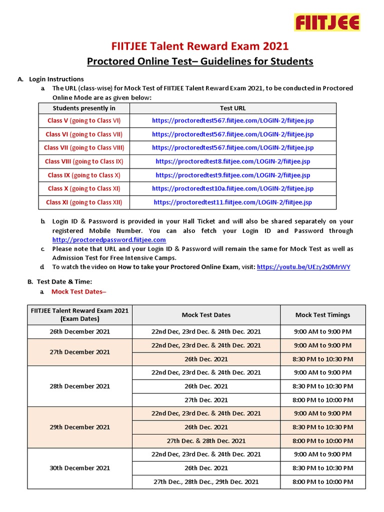 FIITJEE Talent Reward Exam 2021: Proctored Online Test - Guidelines For ...