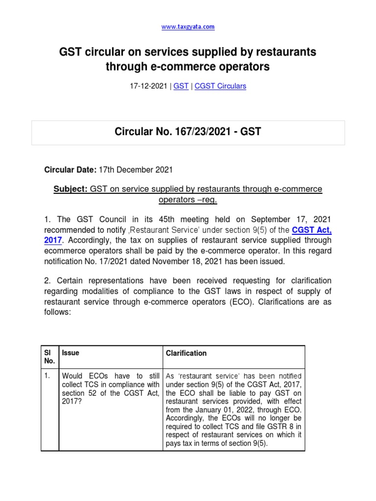 GST Circular On Services Supplied by Restaurants Through E-Commerce ...