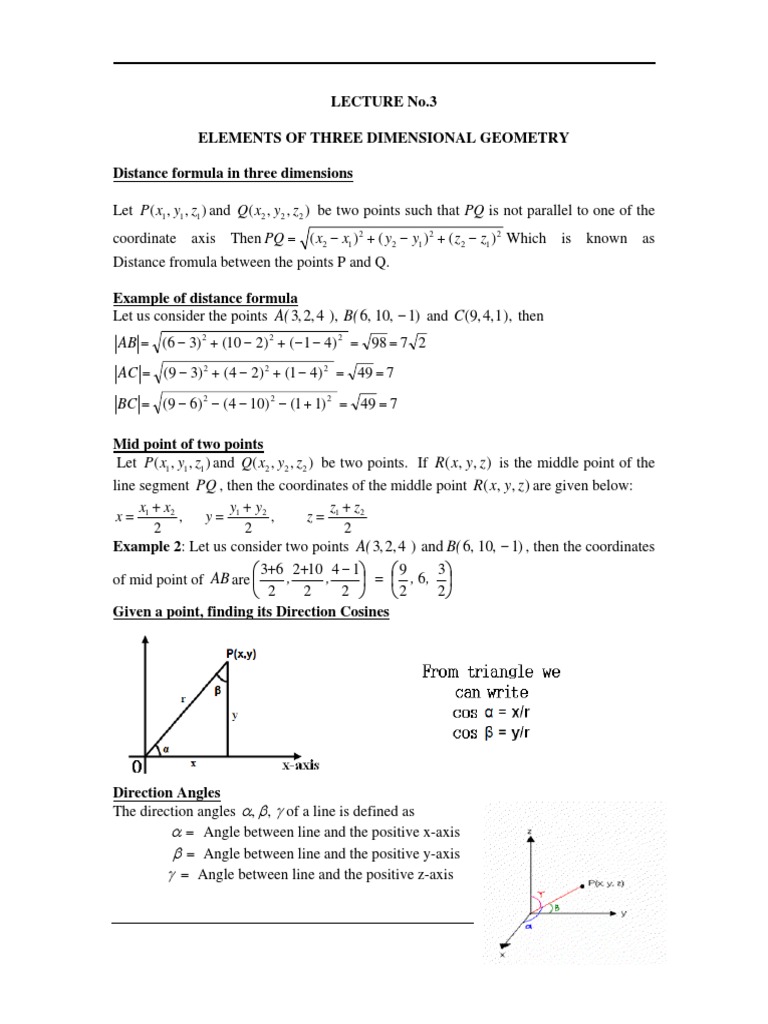 Lecture No.3 Elements of Three Dimensional Geometry Distance Formula in ...