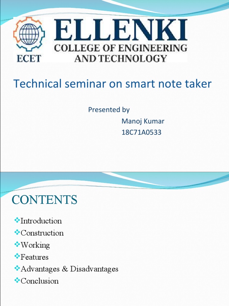 Technical Seminar On Smart Note Taker: Presented by Manoj Kumar ...
