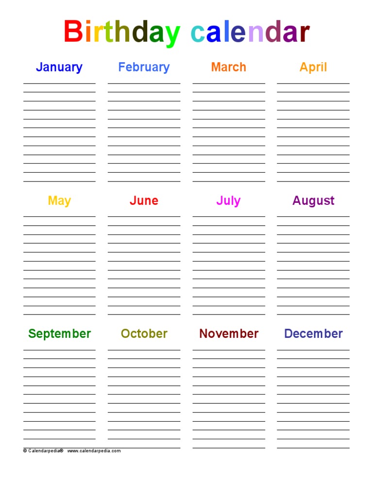 Birthday Calendar Portrait in Color | PDF