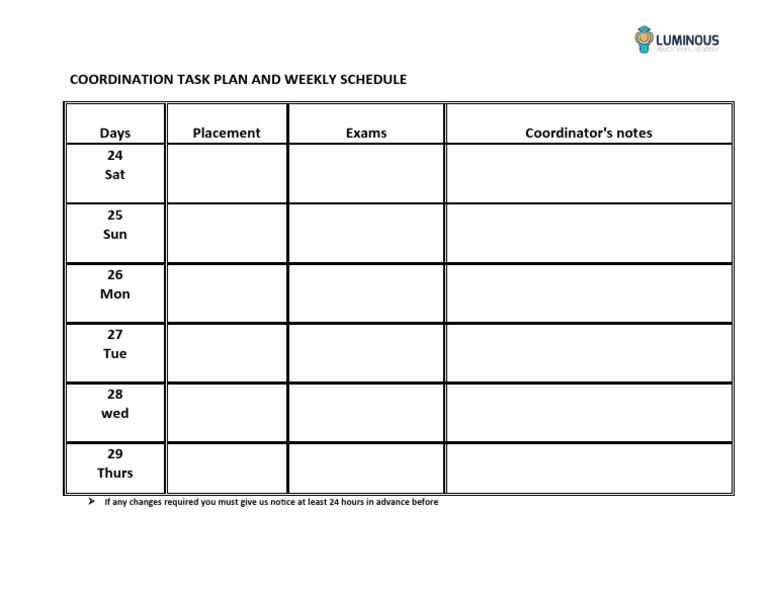 Coordination Task Plan and Weekly Schedule | PDF