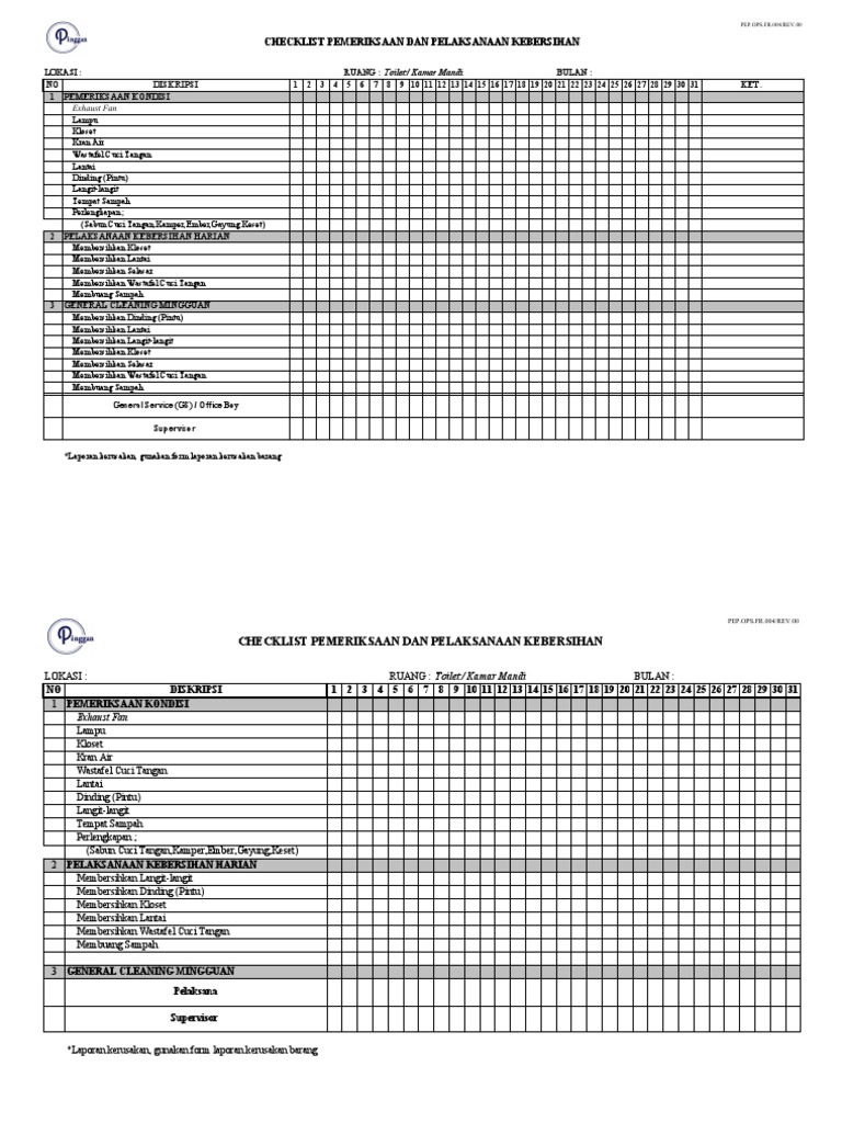 .004 Checklist Pemeriksaan Dan Pelaksanaan Kebersihan Toilet | PDF
