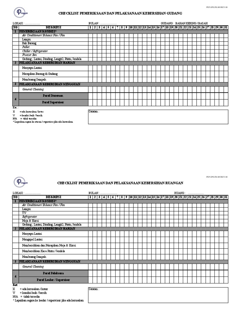 .005 Checklist Pemeriksaan Dan Pelaksanaan Kebersihan Gudang | PDF