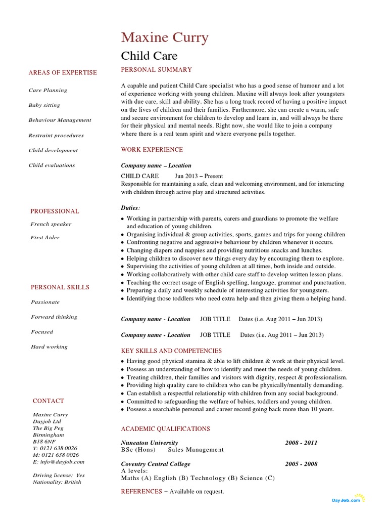 Child Care Resume Example | PDF | Child Care | Relationships
