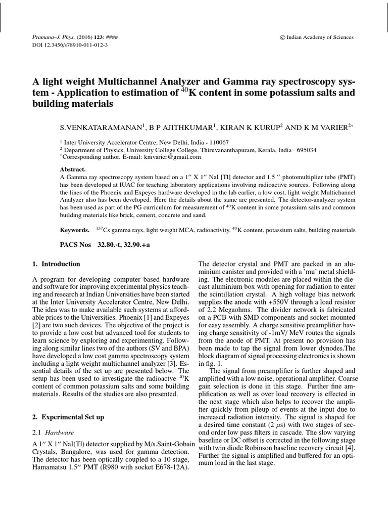 A Light Weight Multichannel Analyzer and Gamma Ray Spectroscopy Sys-Tem ...