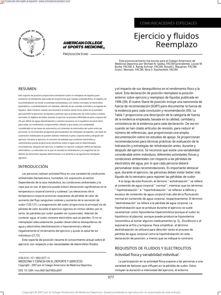 Exercise and Fluid Replacement - En.es | PDF | Deshidración | Agua