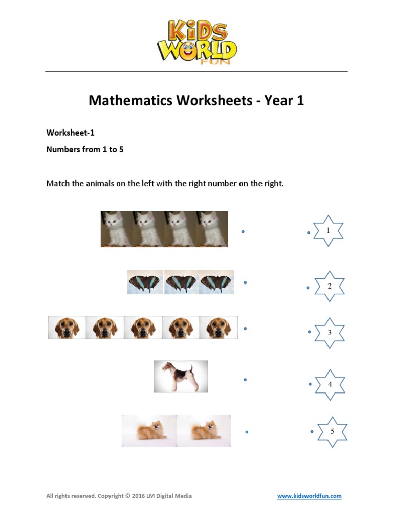 Mathematics Worksheets - Year 1: Worksheet-1 Numbers From 1 To 5 | PDF