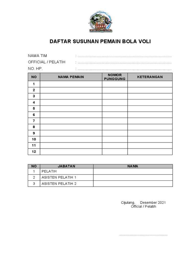 Daftar Susunan Pemain Bola Voli Porak 2021 | PDF
