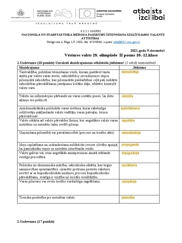 Vestures Valsts 28. Olimpiade Vidusskola ATBILDES | PDF