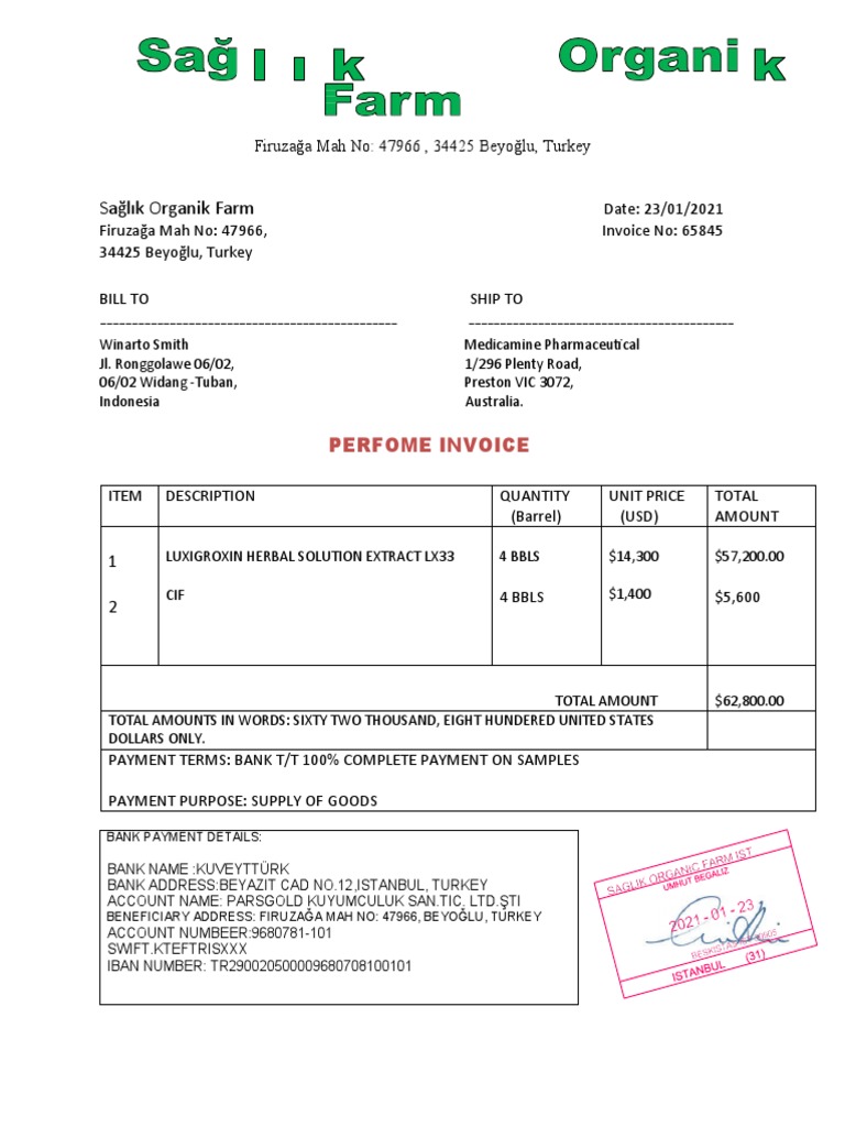Sağlık Organik Farm: Perfome Invoice | PDF