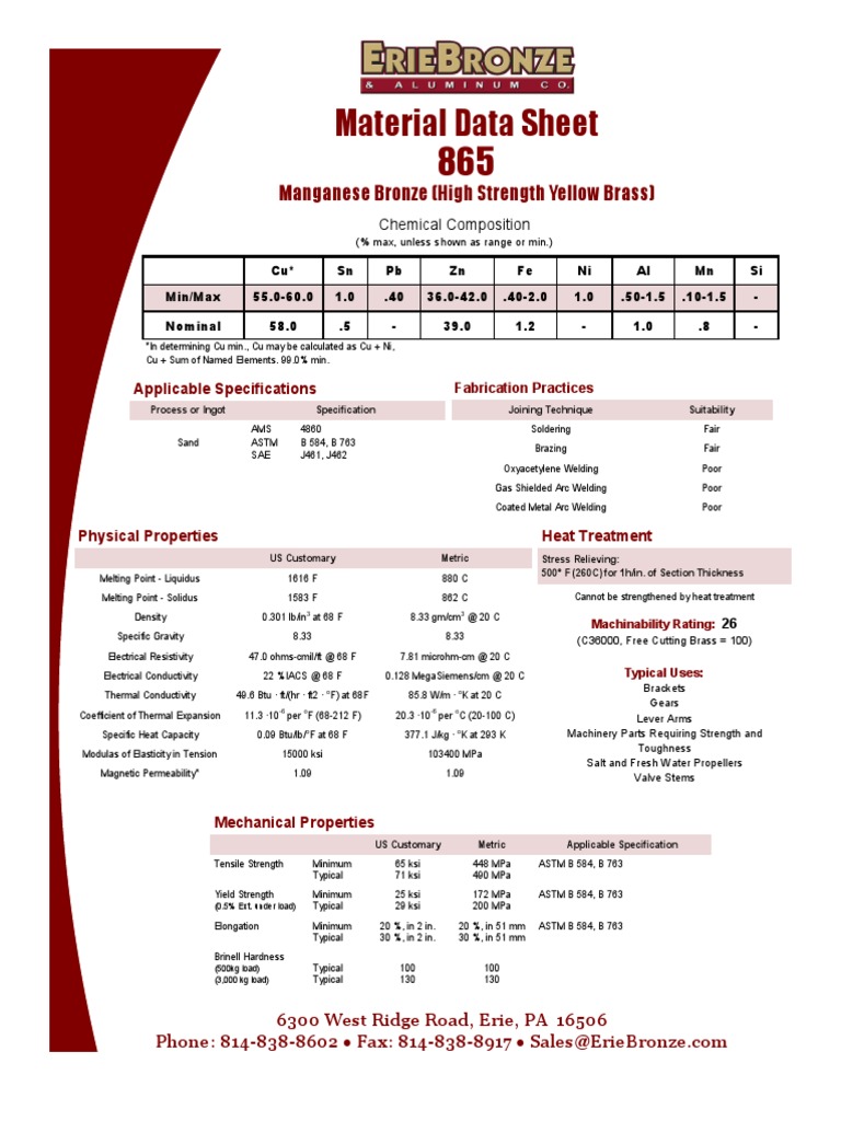 Material Data Sheet: Manganese Bronze (High Strength Yellow Brass ...