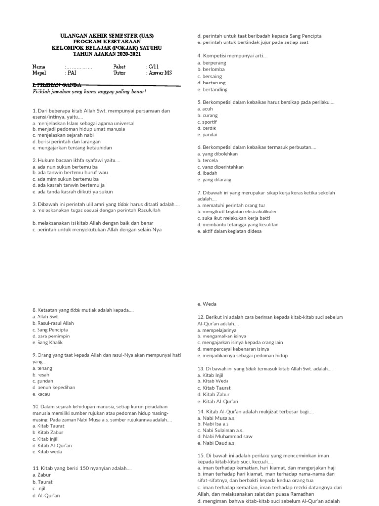 Soal Uas Pai Kelas 11 SM 1 | PDF