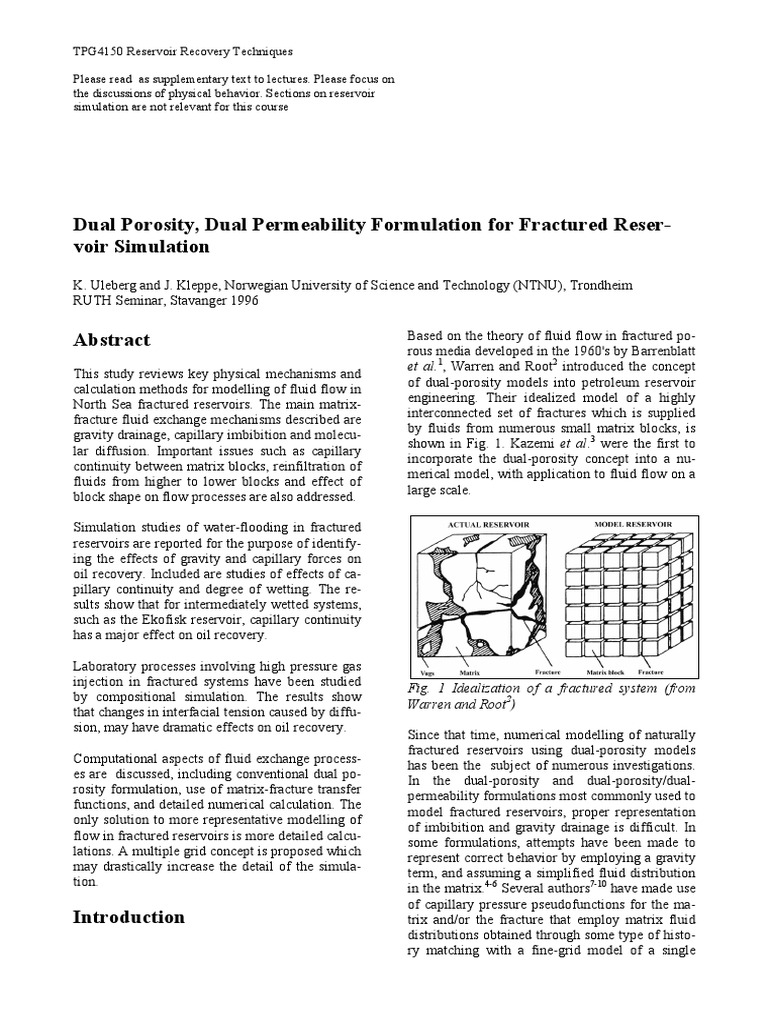 Dual Porosity, Dual Permeability Formulation For Fractured Reser-Voir ...