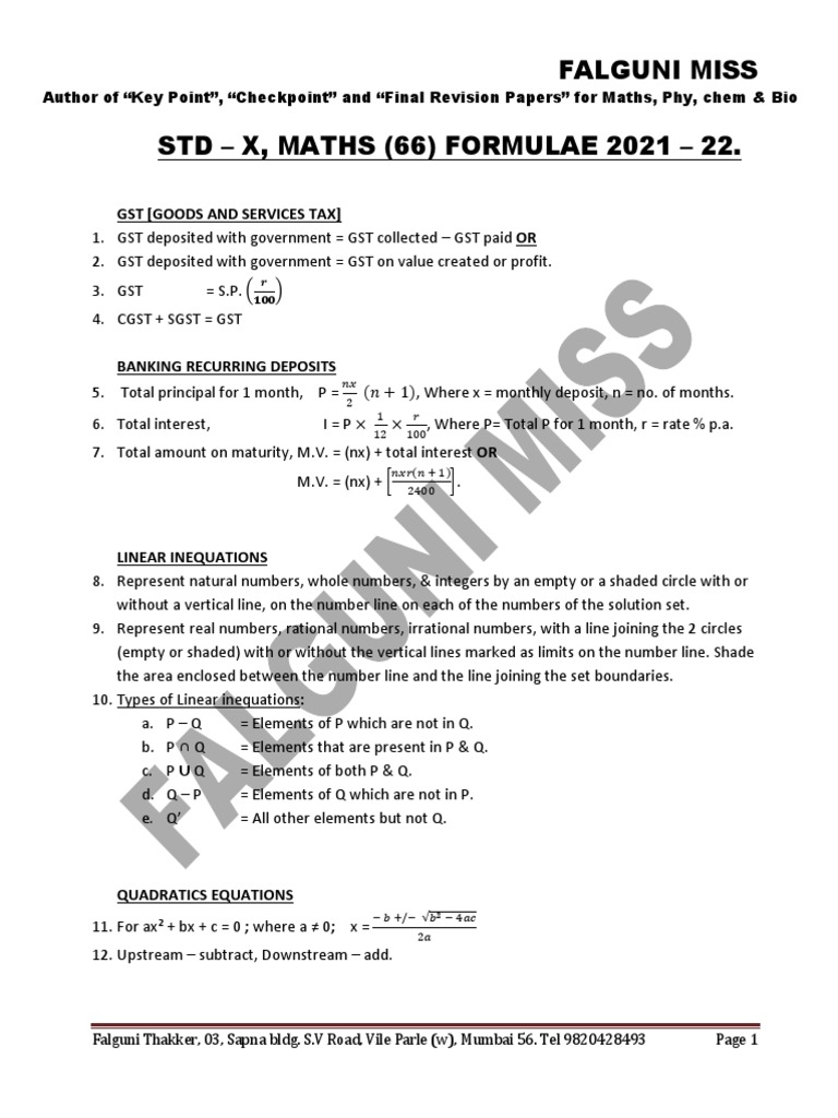 X First Term MATHS FORMULAE 2021 - 22 | PDF | Matrix (Mathematics ...