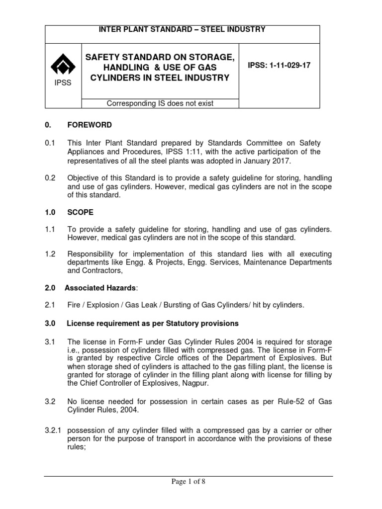 Safety Standard On Storage, Handling & Use of Gas Cylinders in Steel ...