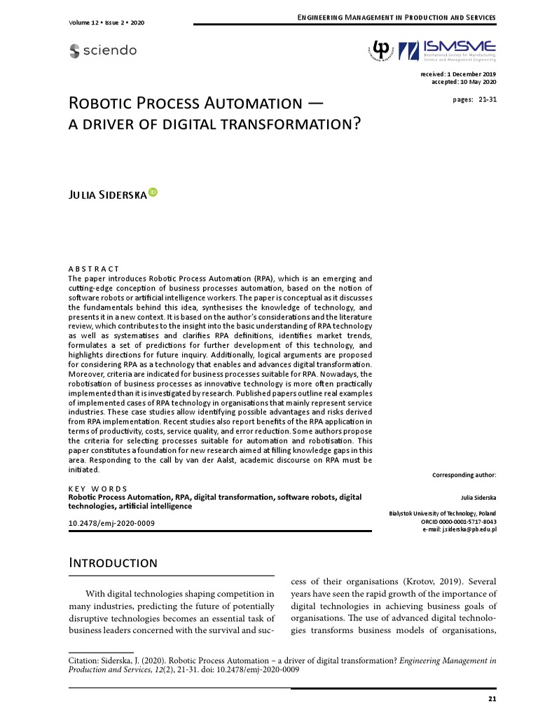 Robotic Process Automation - A Driver of Digital Transformation? | PDF | Automation ...