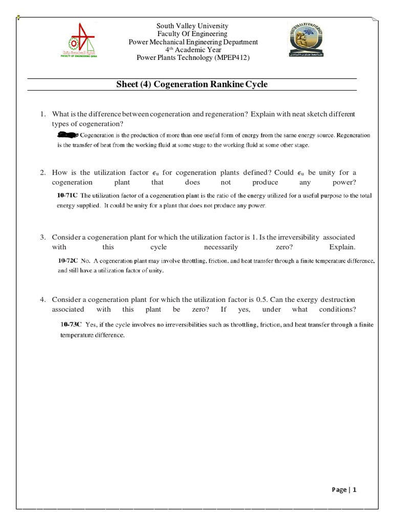 SHEET4 Answers | Download Free PDF | Steam | Cogeneration