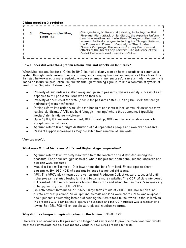 iGCSE History - China. Change Under Mao 1949-63 Revision Notes. | PDF ...