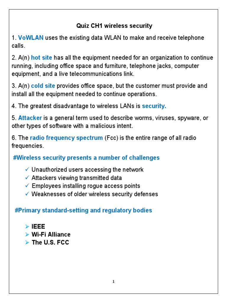 Quiz CH1 wireless security challenges | PDF | Ieee 802.11 | Wireless Lan