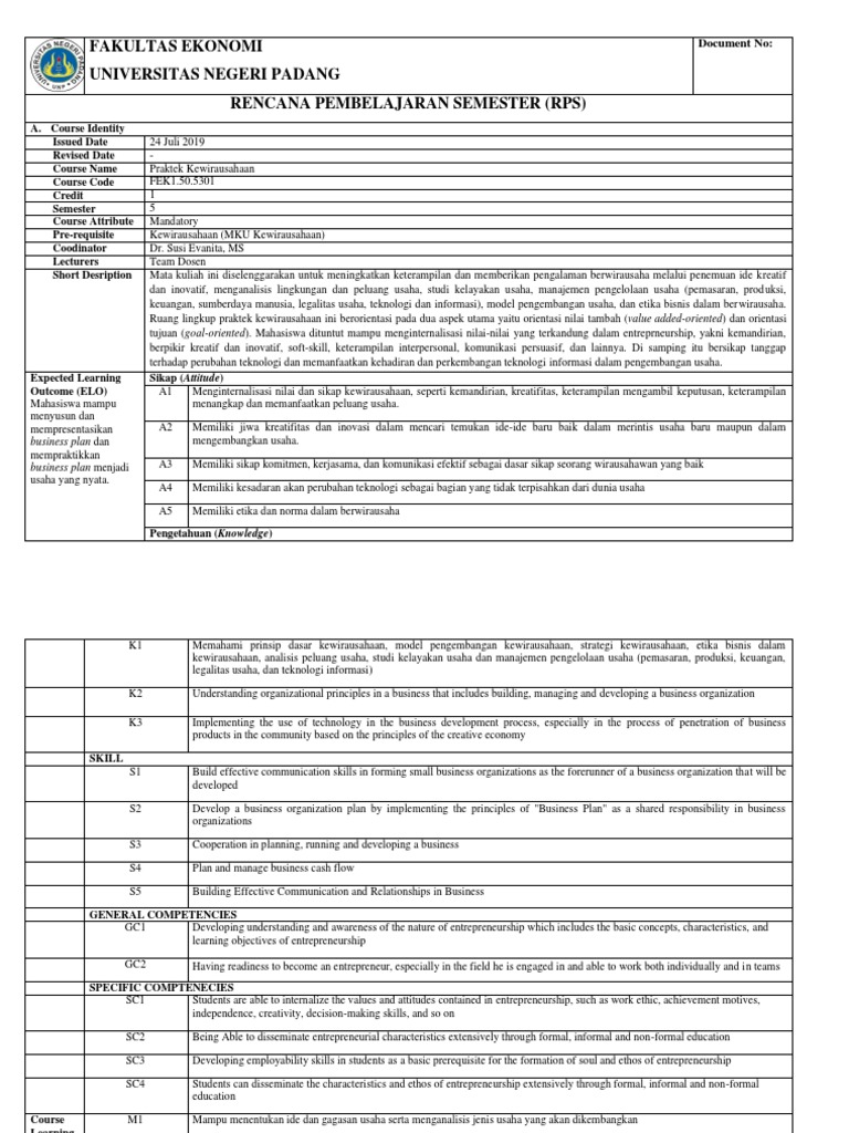 RPS Praktek Kewirausahaan FE UNP | PDF | Karier & Perkembangan | Bisnis