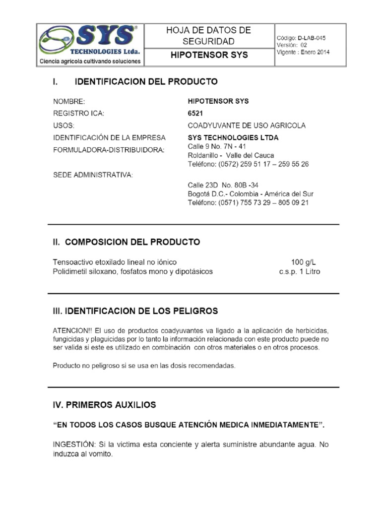 Hoja de Seguridad Hipotensor SYS | PDF