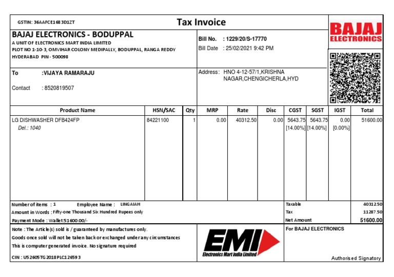 Tax Invoice: Bajaj Electronics - Boduppal | PDF