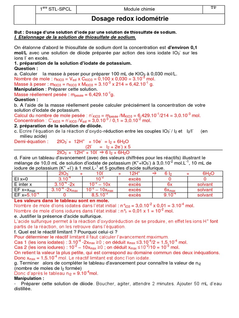 TP Dosage Redox Diiode Correction | Download Free PDF | Stœchiométrie | Réaction d'oxydoréduction