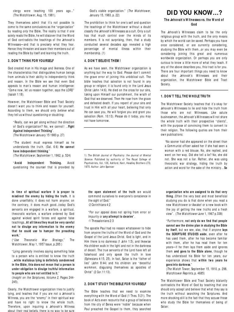 Jehovah's Witnesses Vs The Bible TRACT | PDF | Theology | Religious ...