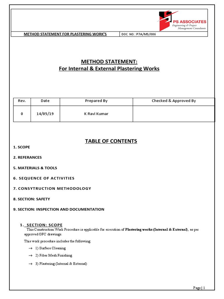 Method Statement: For Internal & External Plastering Works: Rev. Date Prepared by Checked ...