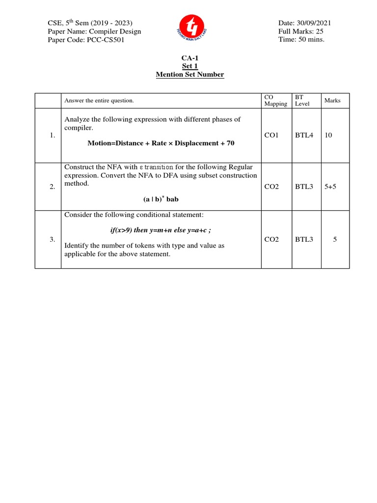 Compiler Design CA1-Set 1 | PDF