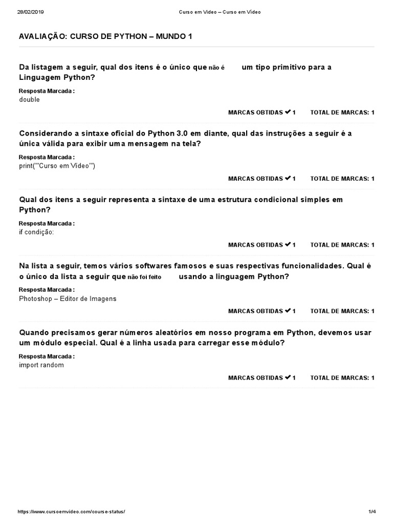 Curso em Video - Curso em Vídeo Prov | PDF | Python (linguagem de ...