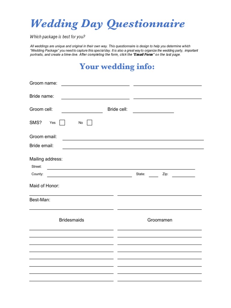 Wedding Day Questionnaire Form | PDF | Wedding | Bride
