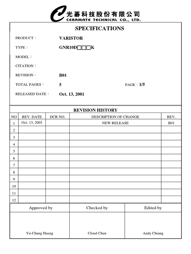 Varistor Specifications Guide | PDF | Metrology | Electromagnetism