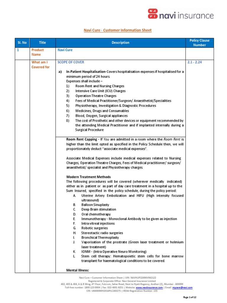 Navi Cure - Customer Information Sheet: Product Name What Am I Covered ...