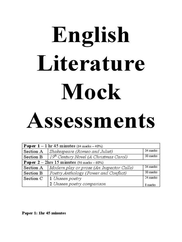 English Literature Mock Assessments: Paper 1 - 1 HR 45 Minutes | PDF ...