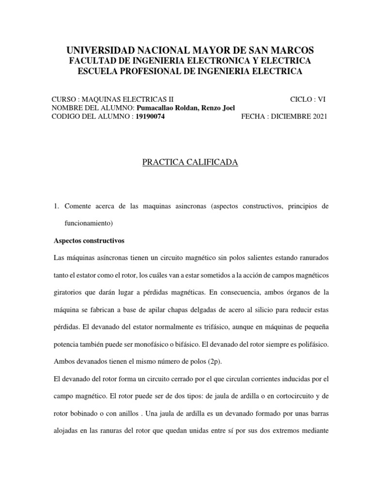 Examen Parcial Maquinas Electricas 2 | PDF | Generador eléctrico | Inductor