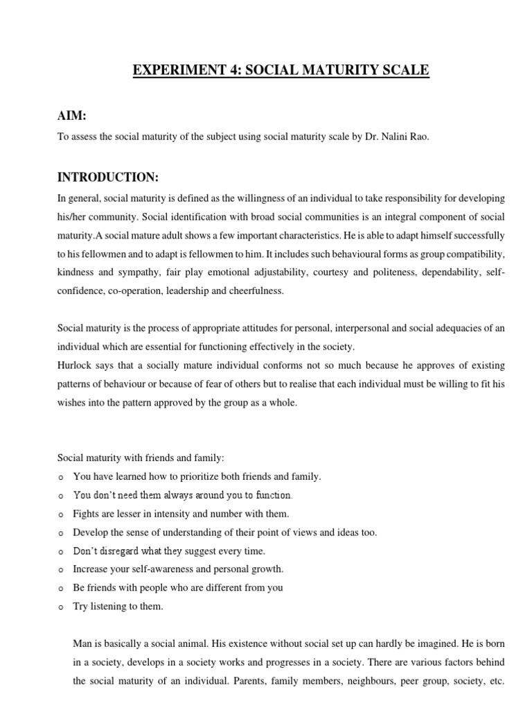 Experiment 4: Social Maturity Scale | PDF | Adolescence | Interpersonal ...