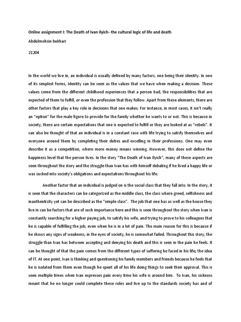 Online Assignment I: The Death of Ivan Ilyich - The Cultural Logic of ...