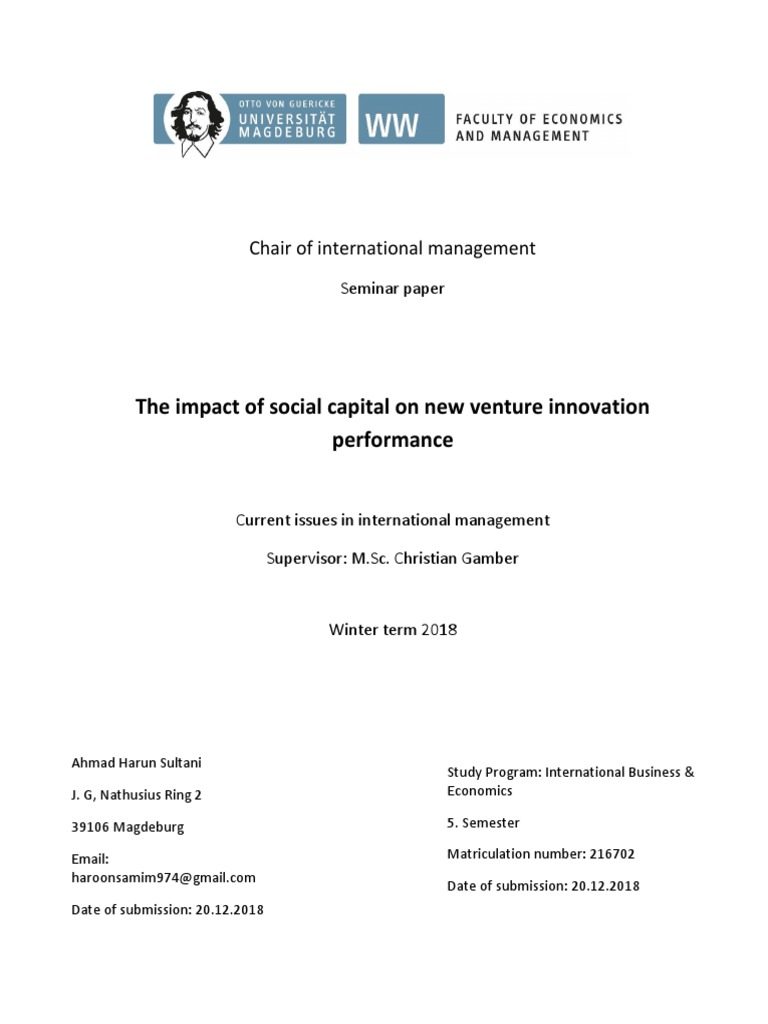 The Impact Of Social Capital On New Venture Innovation Pdf Social