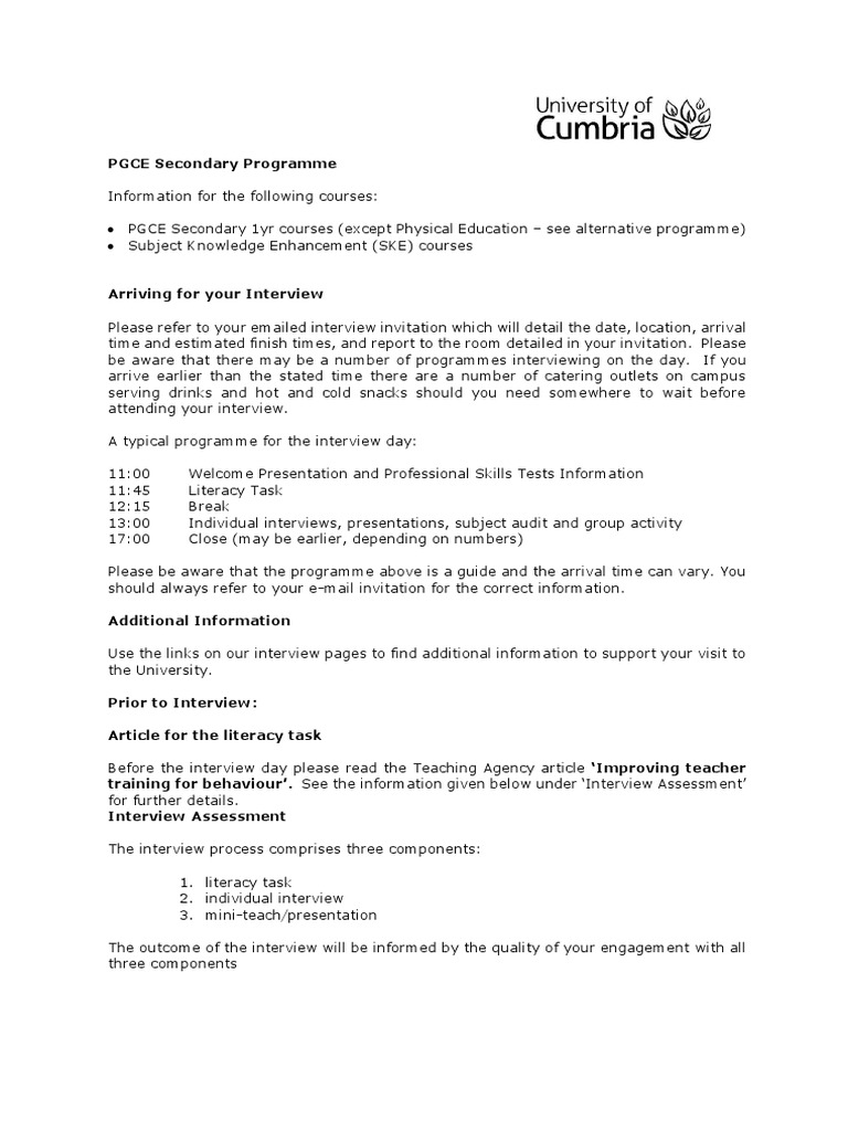 Cumbria - PGCE - Secondary - Prog2019-20 | PDF | Interview | Teachers