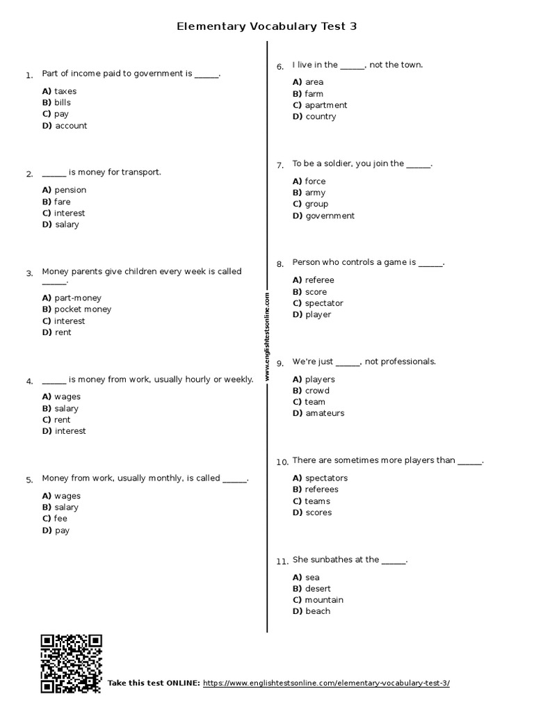 122 Elementary Vocabulary Test 3 | PDF | Salary