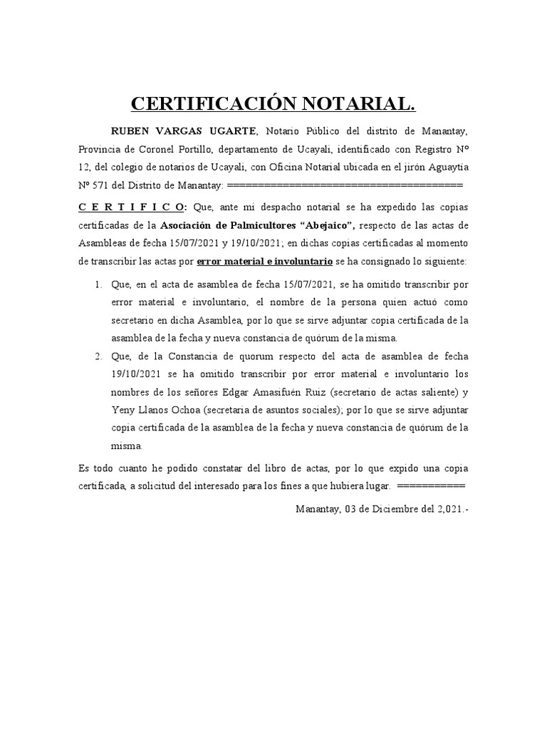Certificacion Notarial Error Copia Certificada - Asetseru | PDF