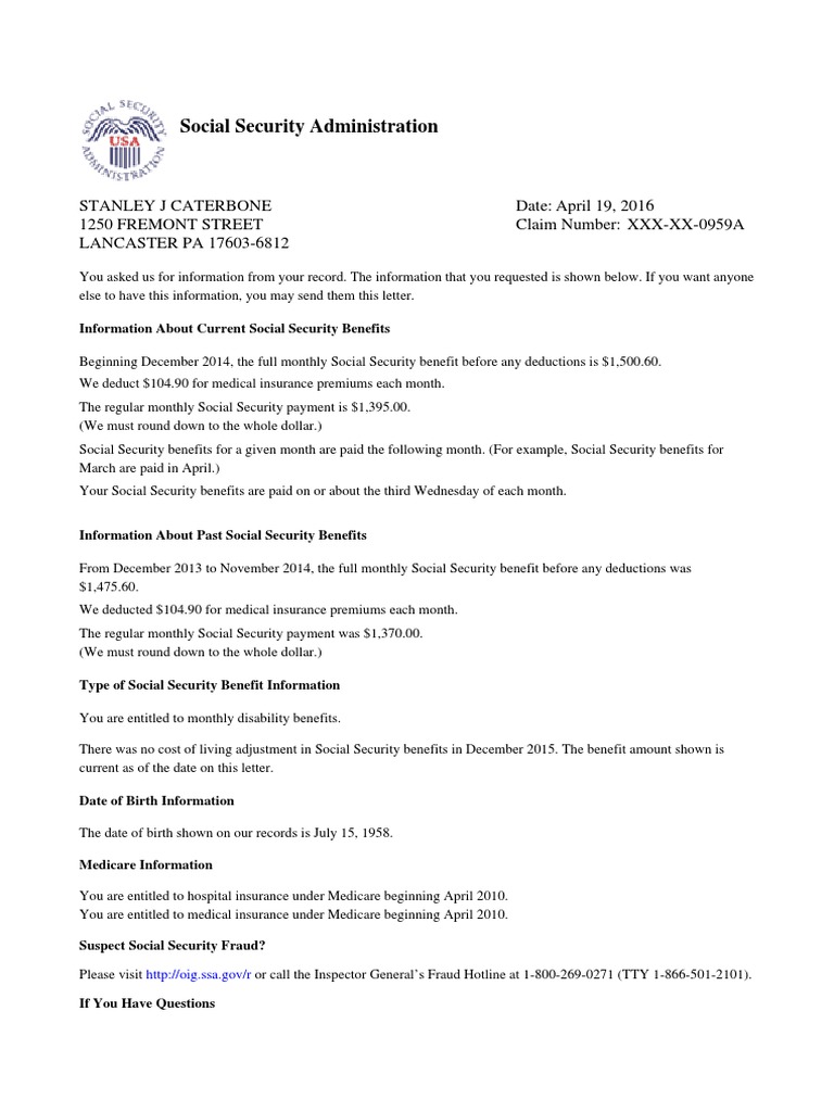 Social Security Benefit Verification Letter | PDF | Social Security ...