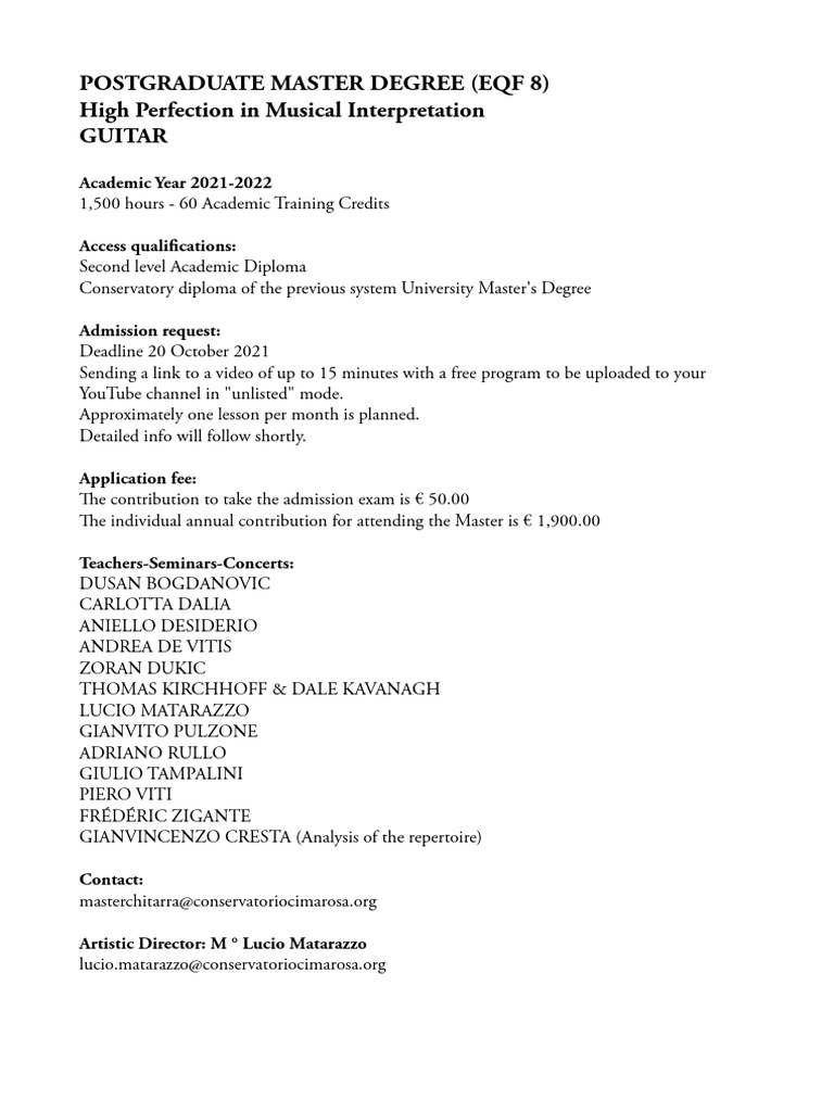 Postgraduate Master Degree (Eqf 8) High Perfection in Musical ...