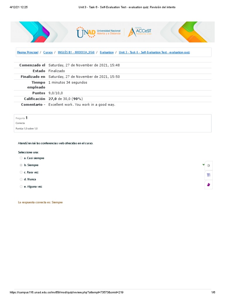 Unit 3 - Task 6 - Self-Evaluation Test - Evaluation Qduiz - Revisión ... Unit 3 - Task 6 - Self-Evaluation Test - Evaluation Qduiz - Revisión ...